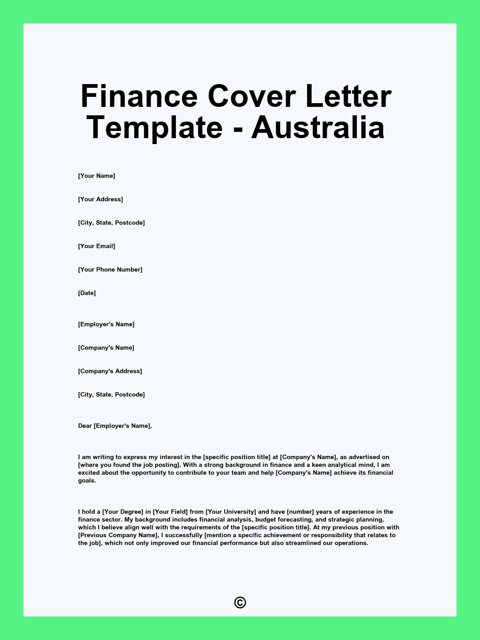 Finance Cover Letter Template - Australia