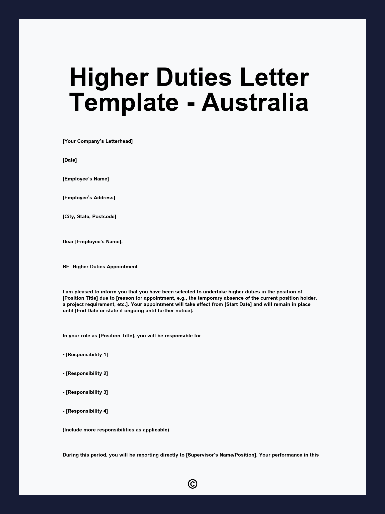 Higher Duties Letter Template - Australia