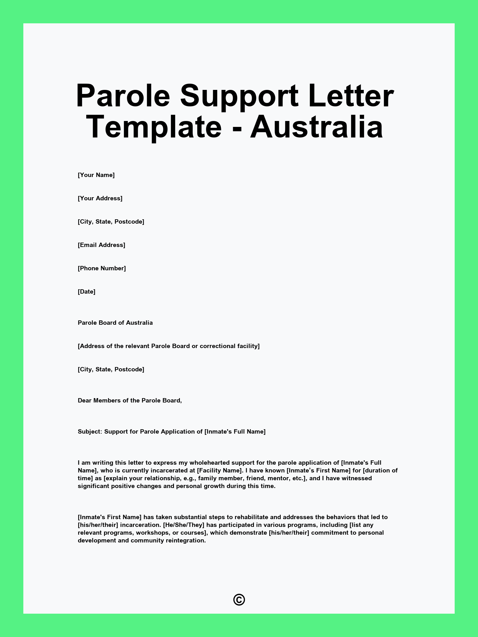 Parole Support Letter Template - Australia