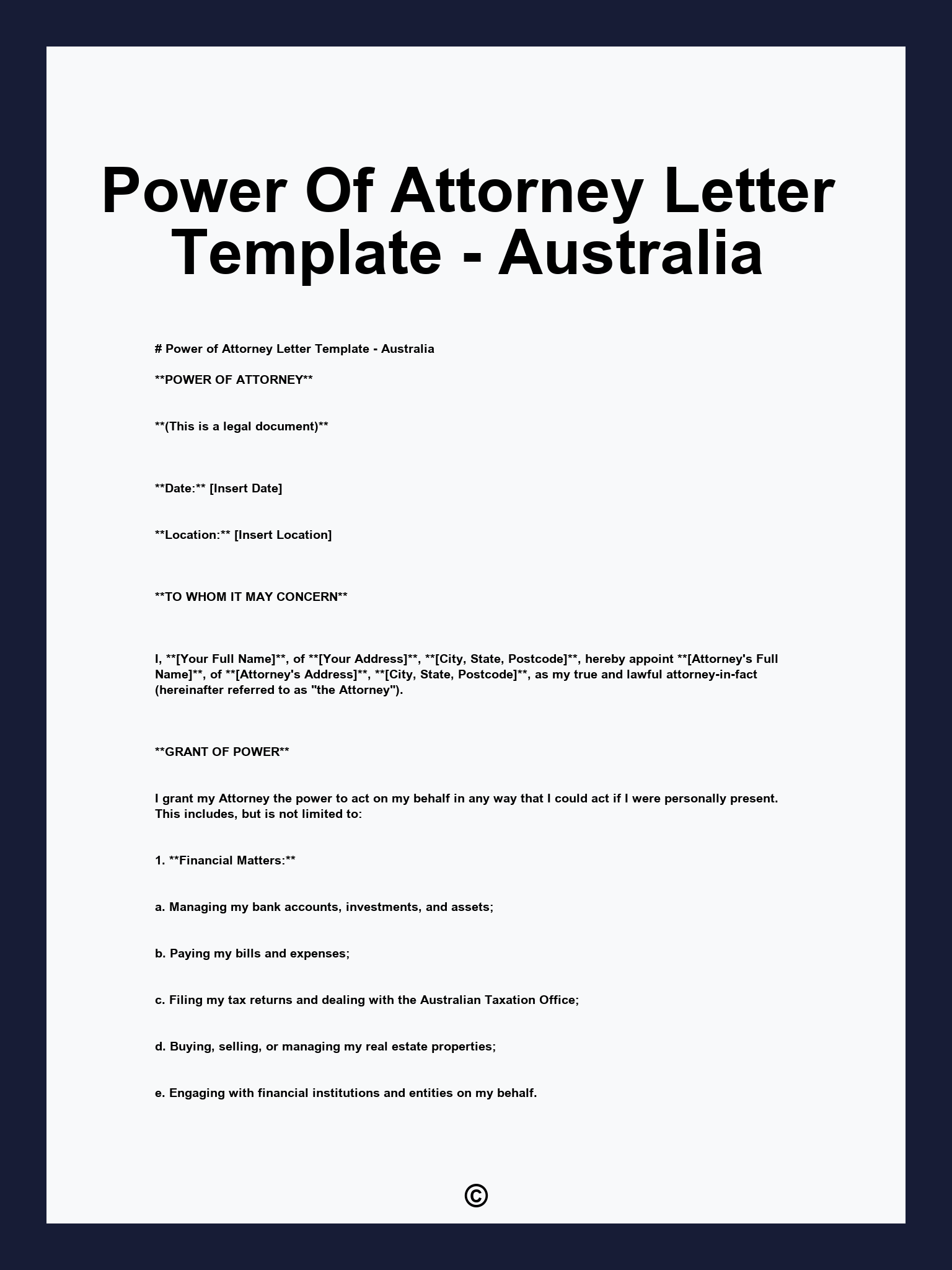 Power Of Attorney Letter Template - Australia